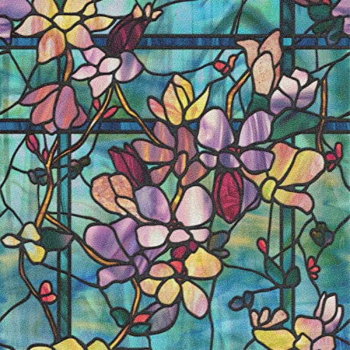 funlife Double-Sided Privacy Floral Stained Glass Window Film, Removable Frosted Texture Flower Static Window Cling Glass Covering Window Decor Suitable for Entryway, Blue Magnolia 11.8"X118"