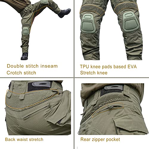 DRAGON EDGE Men G3 Combat Pants Tactical Pants with Knee Pads Military Paintball Airsoft Water Proof Rip-Stop Trousers (Army Green, S)
