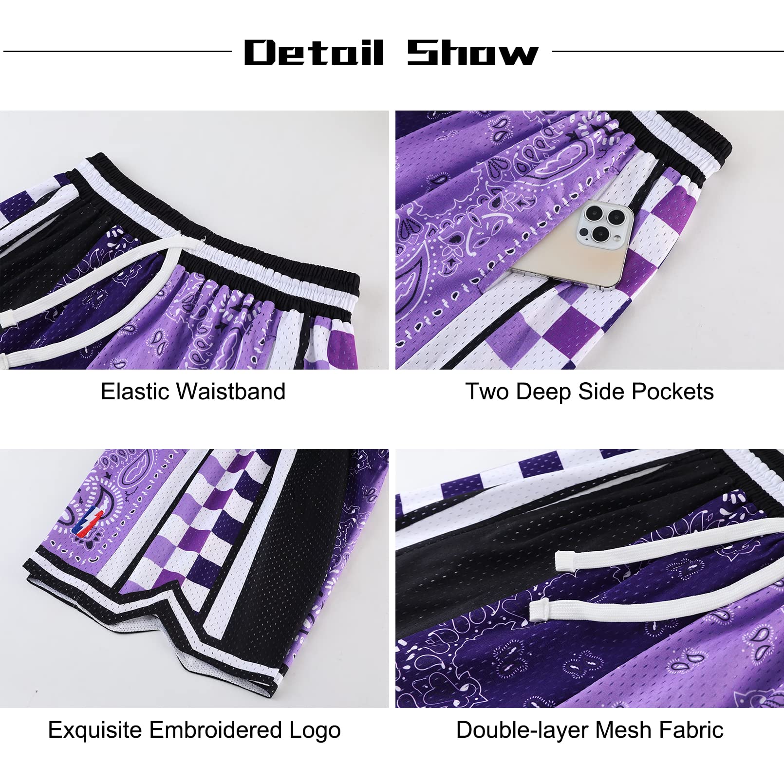 BOOMLEMON Men's Basketball Shorts Workout Athletic Paisley Shorts Mesh Print Running Short Pants(Patchwork Purple XS)