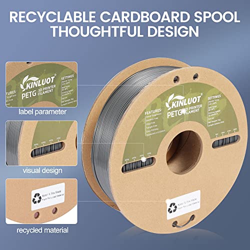KINLUOT PETG Filament 1.75mm 3D Printer Filament Grey PETG, Easy to Print, Dimensional Accuracy +/- 0.03 mm, 1kg Cardboard Spool (2.2lbs), Fit Most FDM Printer (Gray)