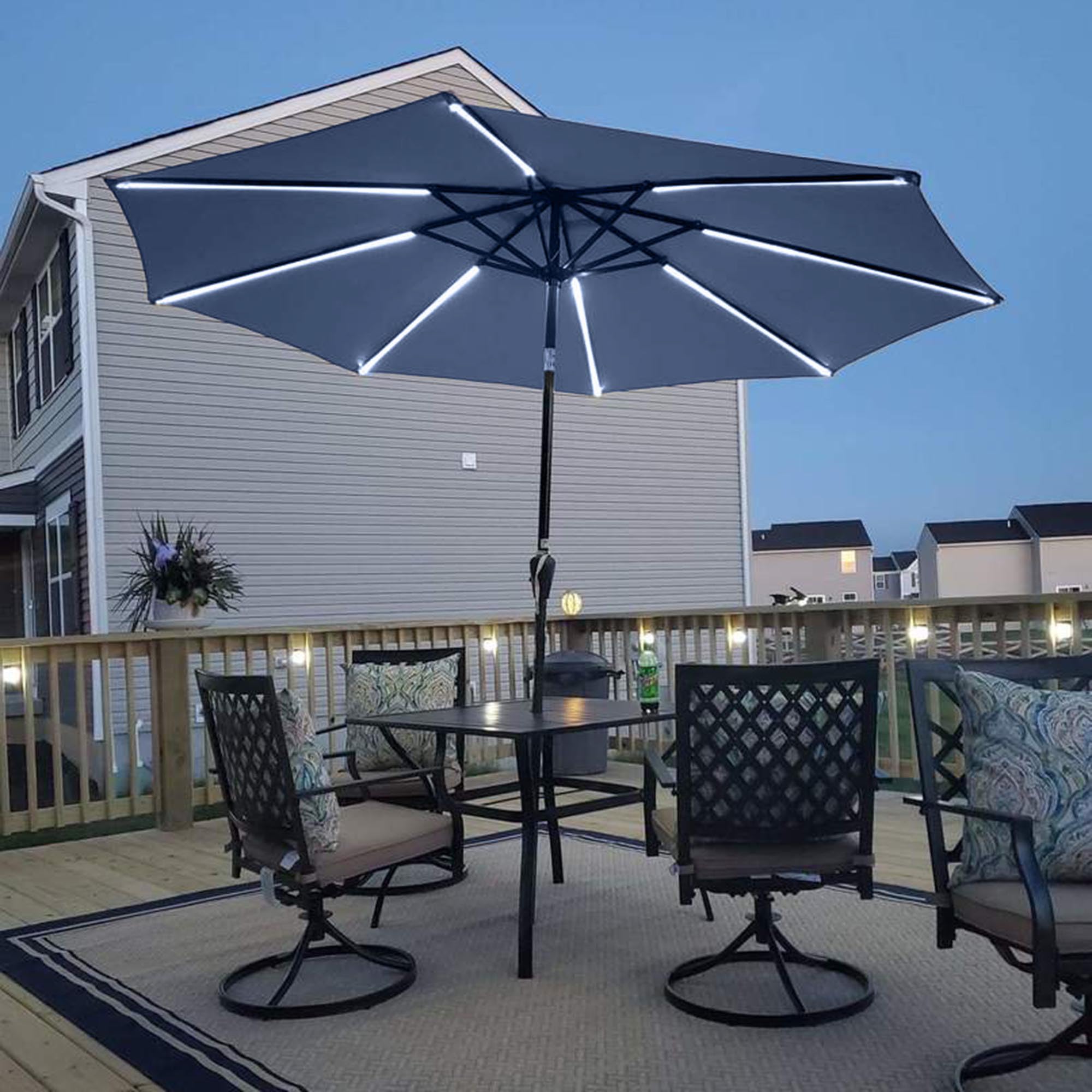 Yescom 9FT 8 Ribs Solar Powered Patio Umbrella with Tilt and Crank Outdoor Market Table Umbrella for Backyard Pool Night Party Event Yard Navy