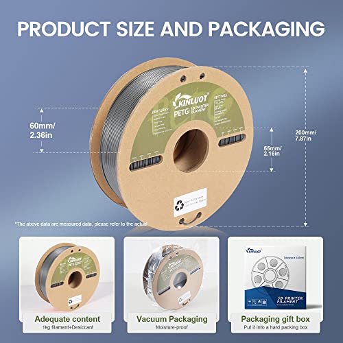 KINLUOT PETG Filament 1.75mm 3D Printer Filament Grey PETG, Easy to Print, Dimensional Accuracy +/- 0.03 mm, 1kg Cardboard Spool (2.2lbs), Fit Most FDM Printer (Gray)