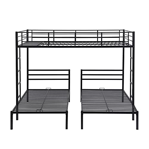 GLORHOME Meta L Shaped Triple Bed, Solid Full Over Twin&Twin Bunk Bedframe with Built-in Shelf and 2 Ladders for 3 Kids Teens