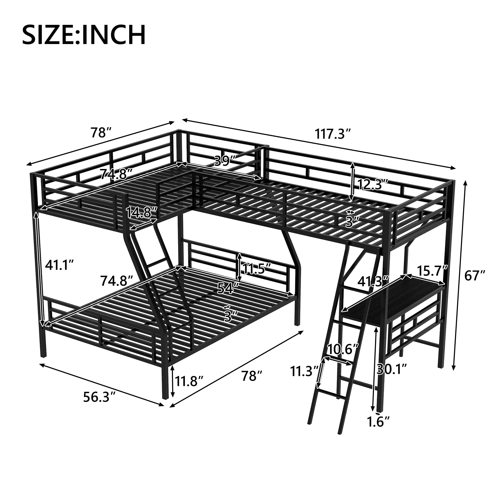 SZUBEE Twin-Over-Full Metal L-Shaped Triple Bunk Bed with a Twin Size Loft Bed & Desk, Space Saving Bedroom Furniture for Kids Teens, Black