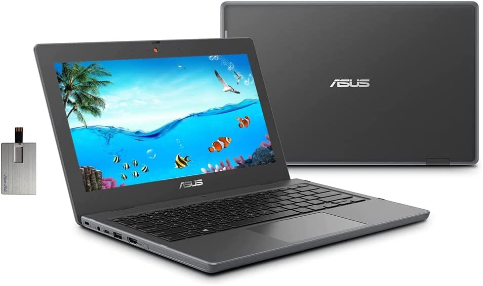 ASUS 2022 11.6" HD Business Laptop, Intel Celeron N4500 Processor, 4GB RAM, 64GB eMMC , Webcam, Intel HD Graphics 500, Bluetooth, Windows 10 Pro, Dark Grey, 32GB SnowBell USB Card
