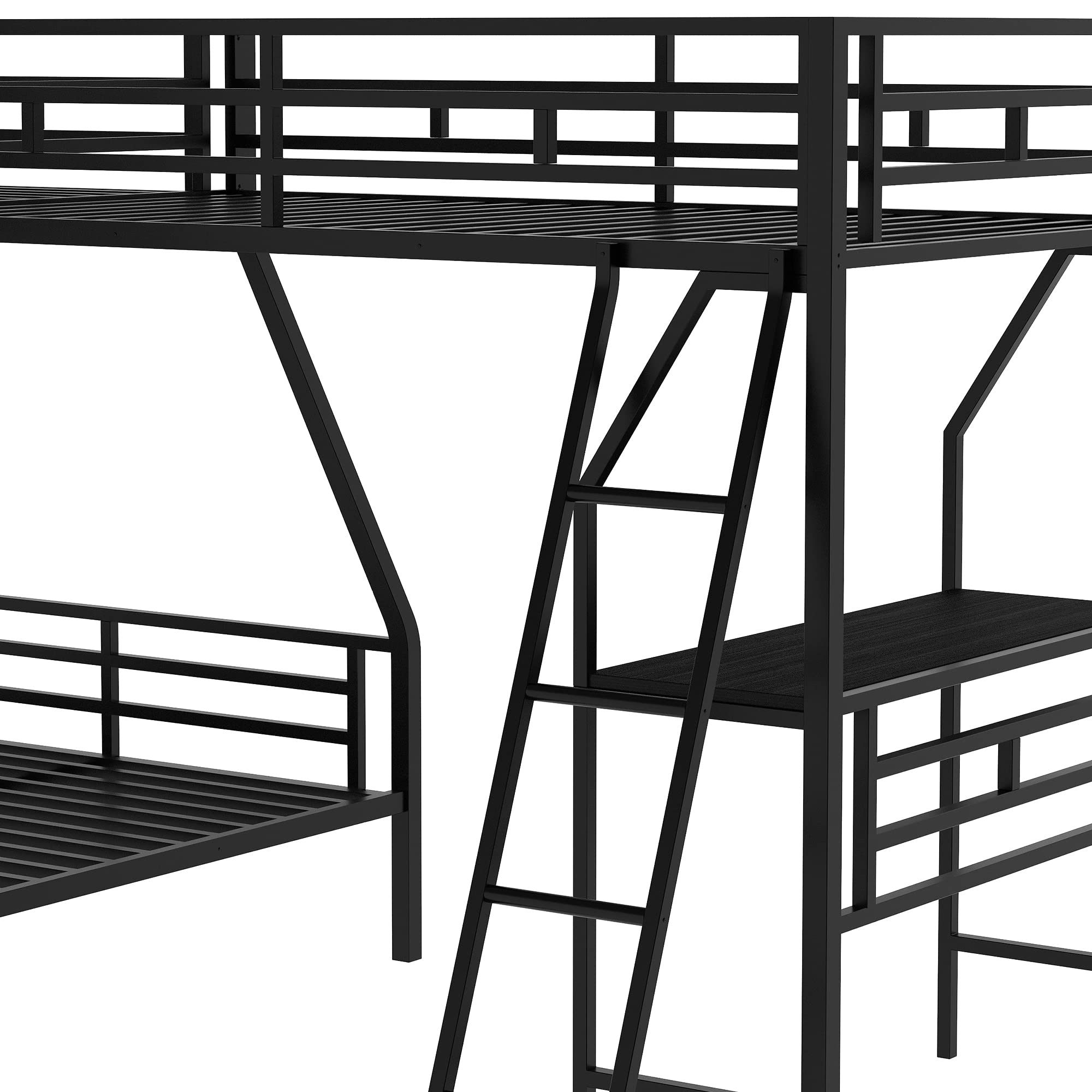SZUBEE Twin-Over-Full Metal L-Shaped Triple Bunk Bed with a Twin Size Loft Bed & Desk, Space Saving Bedroom Furniture for Kids Teens, Black