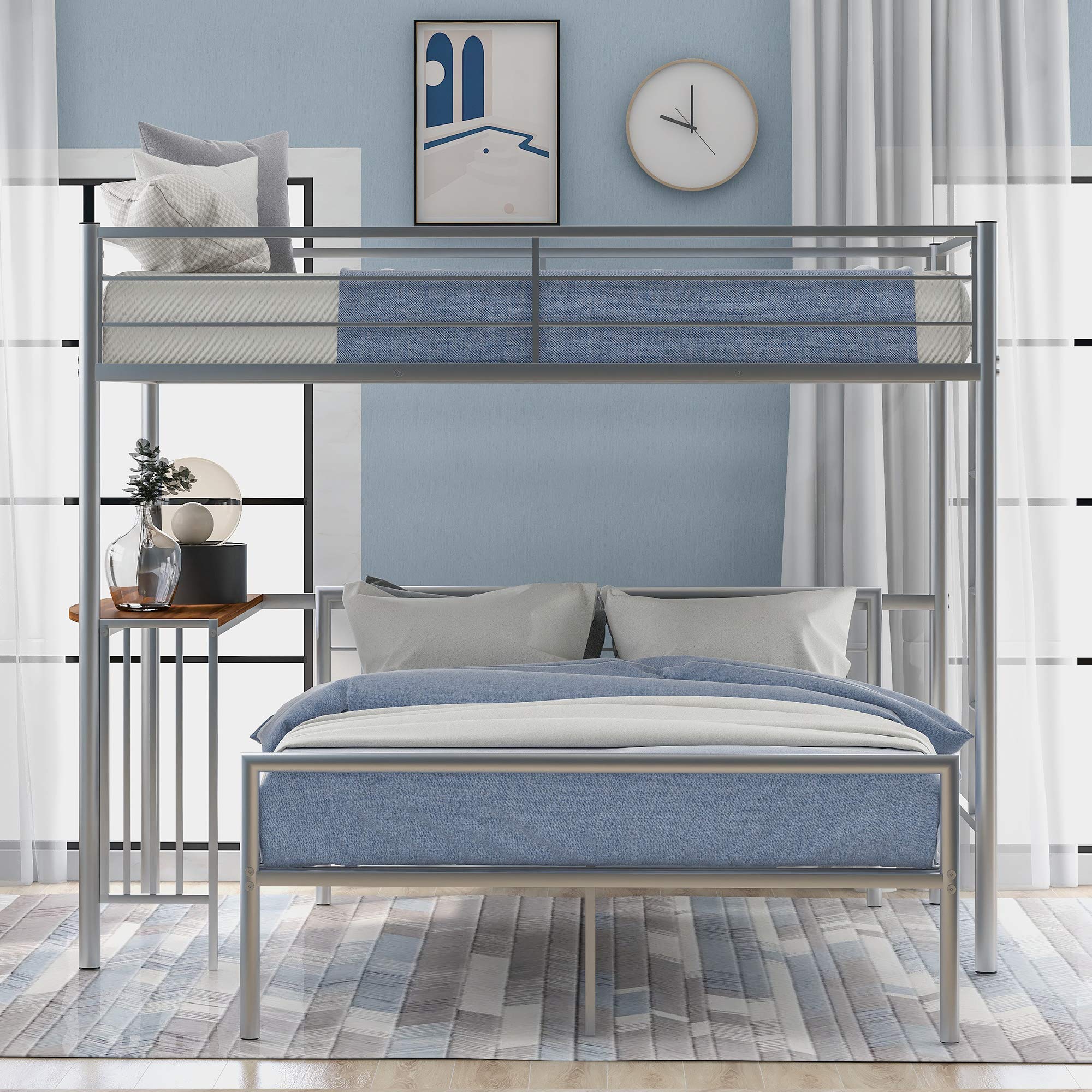 Harper & Bright Designs Twin Over Full Metal Bunk Bed with Desk, L Shaped Bunk Bed with Ladder and Quality Slats for Bedroom- Silver