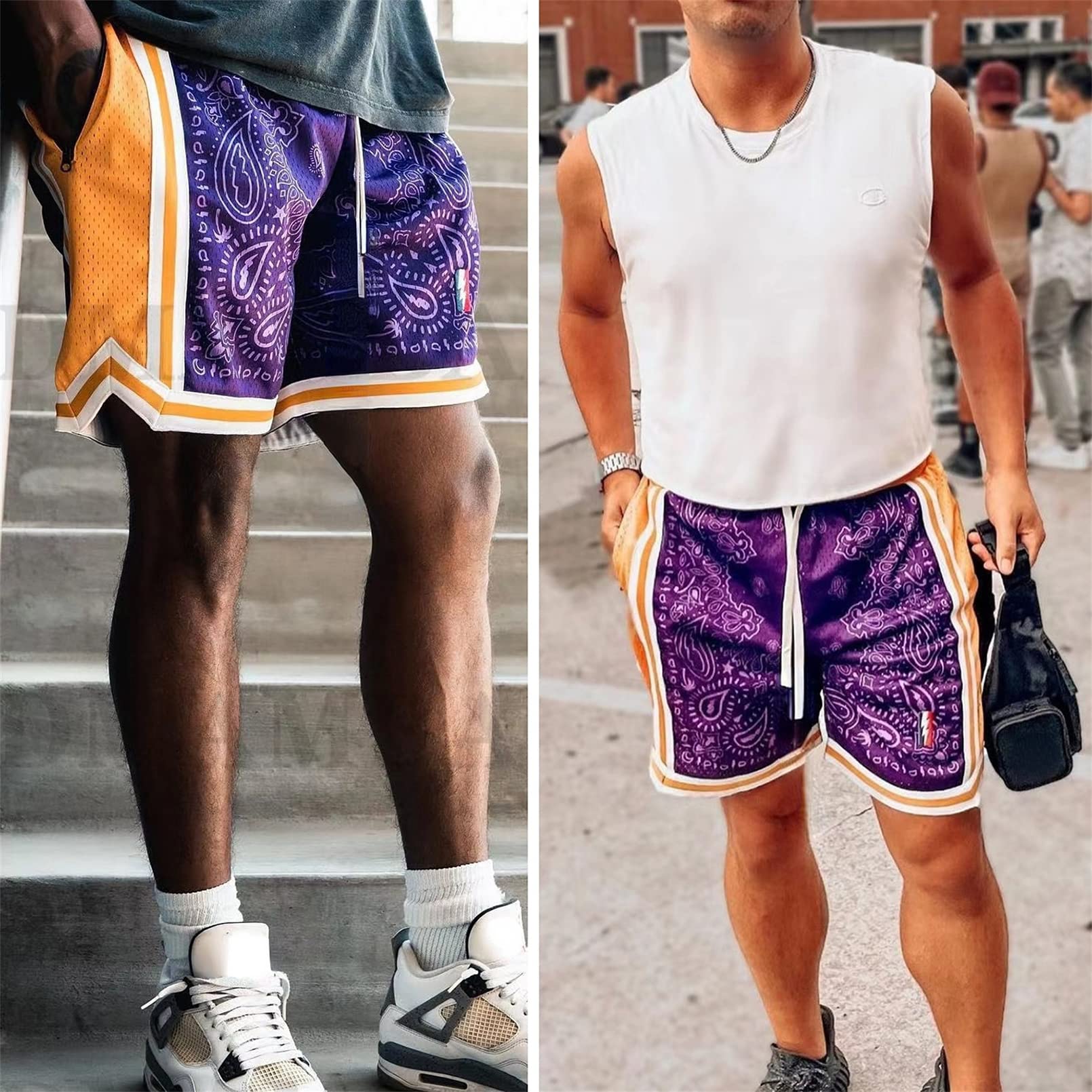 BOOMLEMON Men's Basketball Shorts Workout Athletic Paisley Shorts Mesh Print Running Short Pants(Patchwork Purple XS)