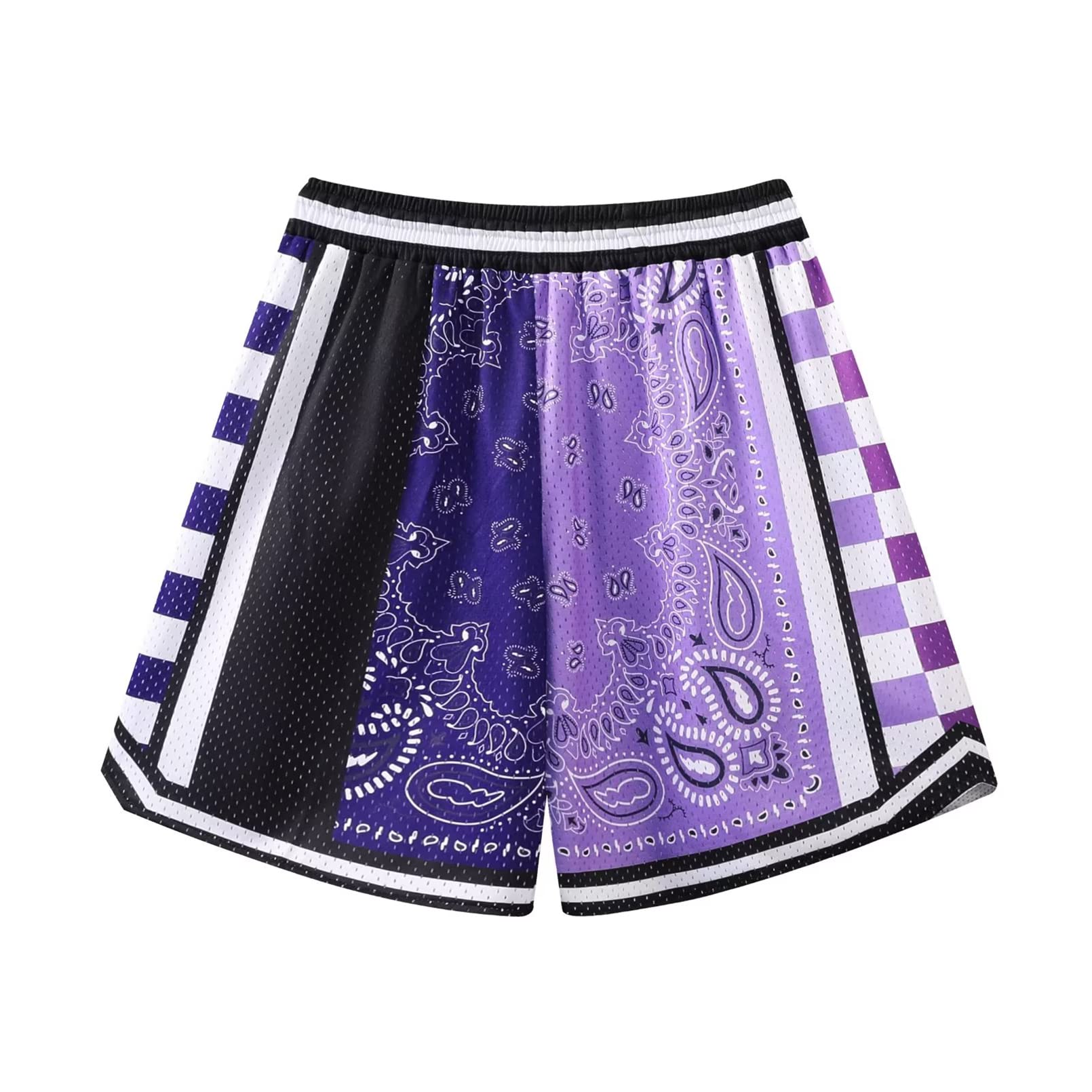 BOOMLEMON Men's Basketball Shorts Workout Athletic Paisley Shorts Mesh Print Running Short Pants(Patchwork Purple XS)
