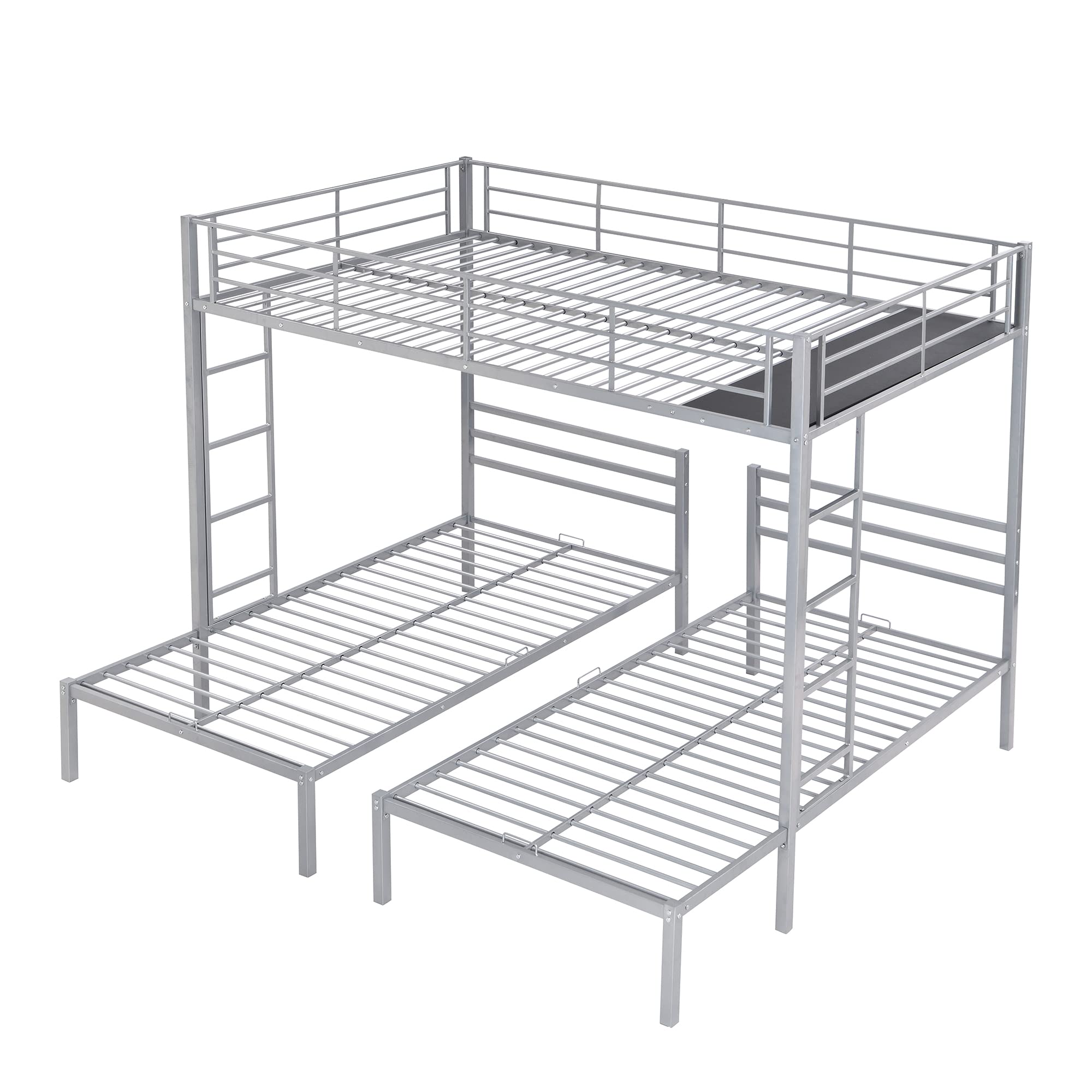Oudiec Triple Bunk Bed,Full Over Twin&Twin Size Bunk Bed with Built-in Shelf&Ladders,L-Shaped Bunk Bed with Full-Length Guardrails, Space-Saving, Noise-Free, Silver