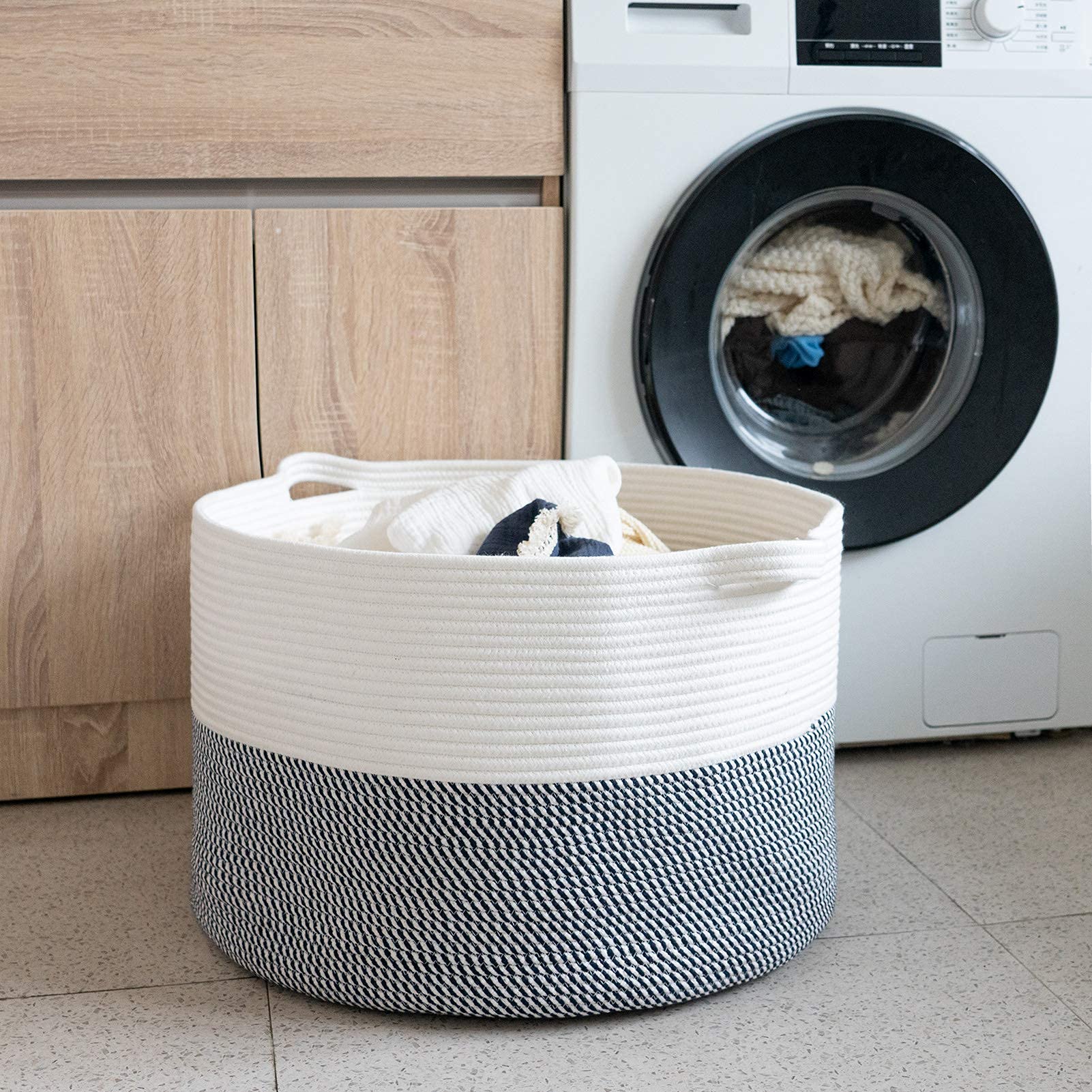 INDRESSME XXXL Large Cotton Rope Basket Laundry Basket Laundry Storage Bin (Set of 2)