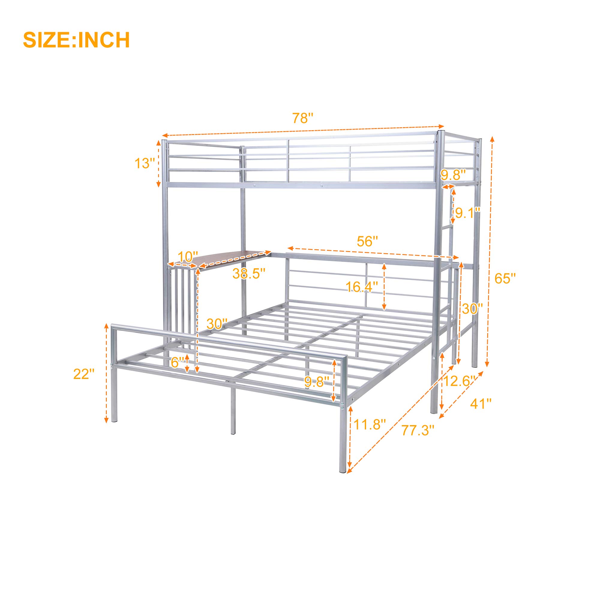 Harper & Bright Designs Twin Over Full Metal Bunk Bed with Desk, L Shaped Bunk Bed with Ladder and Quality Slats for Bedroom- Silver