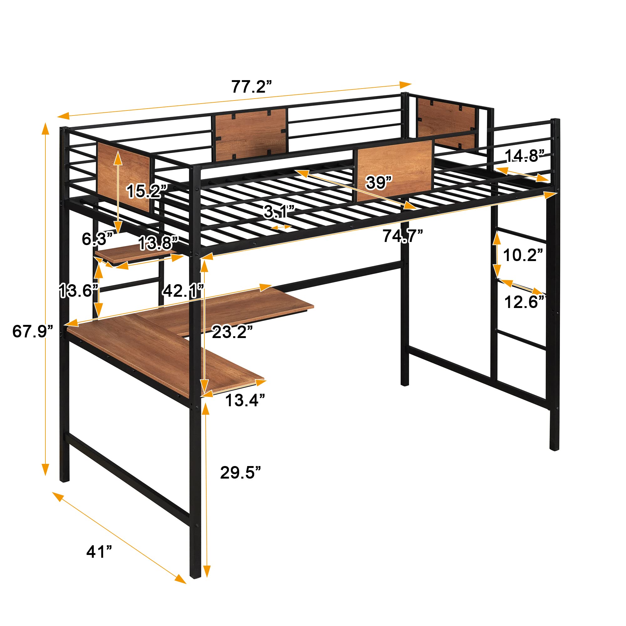 GINGVAT Twin Size Metal Loft Bed with L-Shaped Desk and Shelves,Metal Loft Bed Built-in Ladder and Guardrail,for Bedroom,Apartment,Dorm,Black