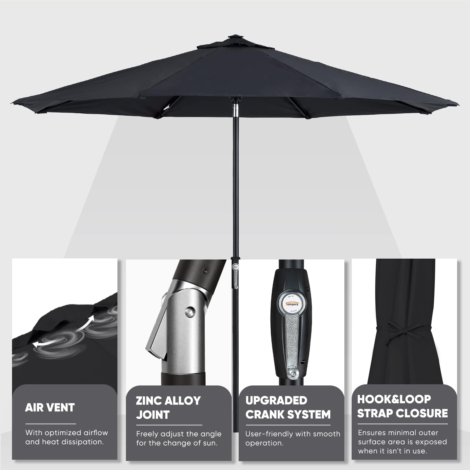 Tempera 9ft Patio Market Outdoor Table Umbrella with Auto Tilt and Crank,Large Sun Umbrella with Sturdy Pole&Fade resistant canopy,Easy to set, Space Grey