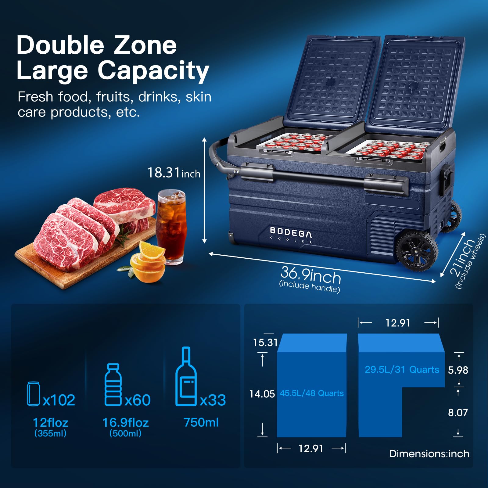 【Upgraded】BODEGACOOLER 12 Volt Car Refrigerator, Portable Freezer, Car Fridge Dual Zone WIFI APP Control, 80 Quart(75L) -4℉-68℉ Cooler, 12/24V DC and 100-240V AC, for Travel, Camping, Outdoor,RV