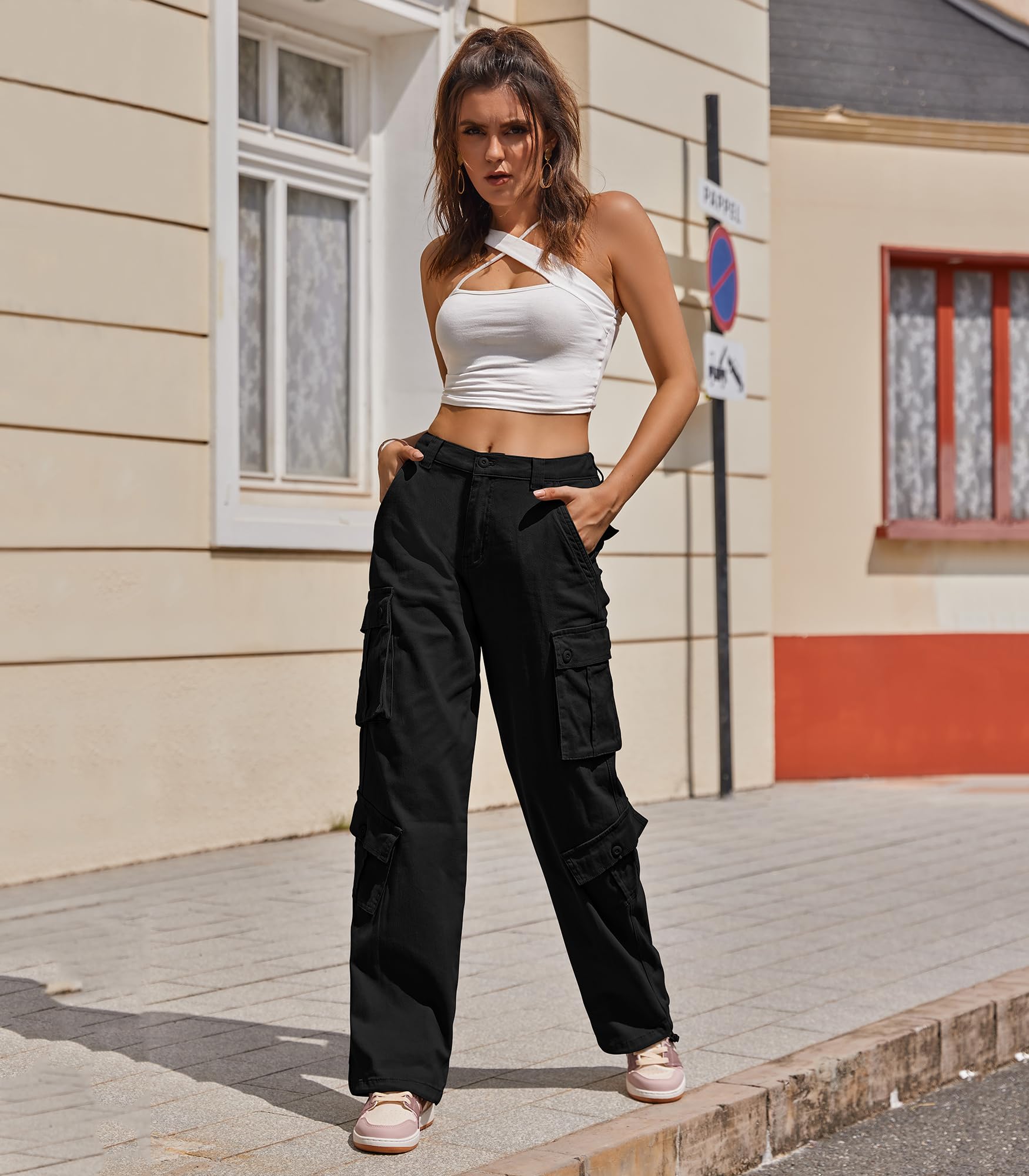ZMPSIISA Women Pants High Waisted Cargo Pants Combat Military Wide Leg Casual Trousers 8 Pockets(Black,Small)