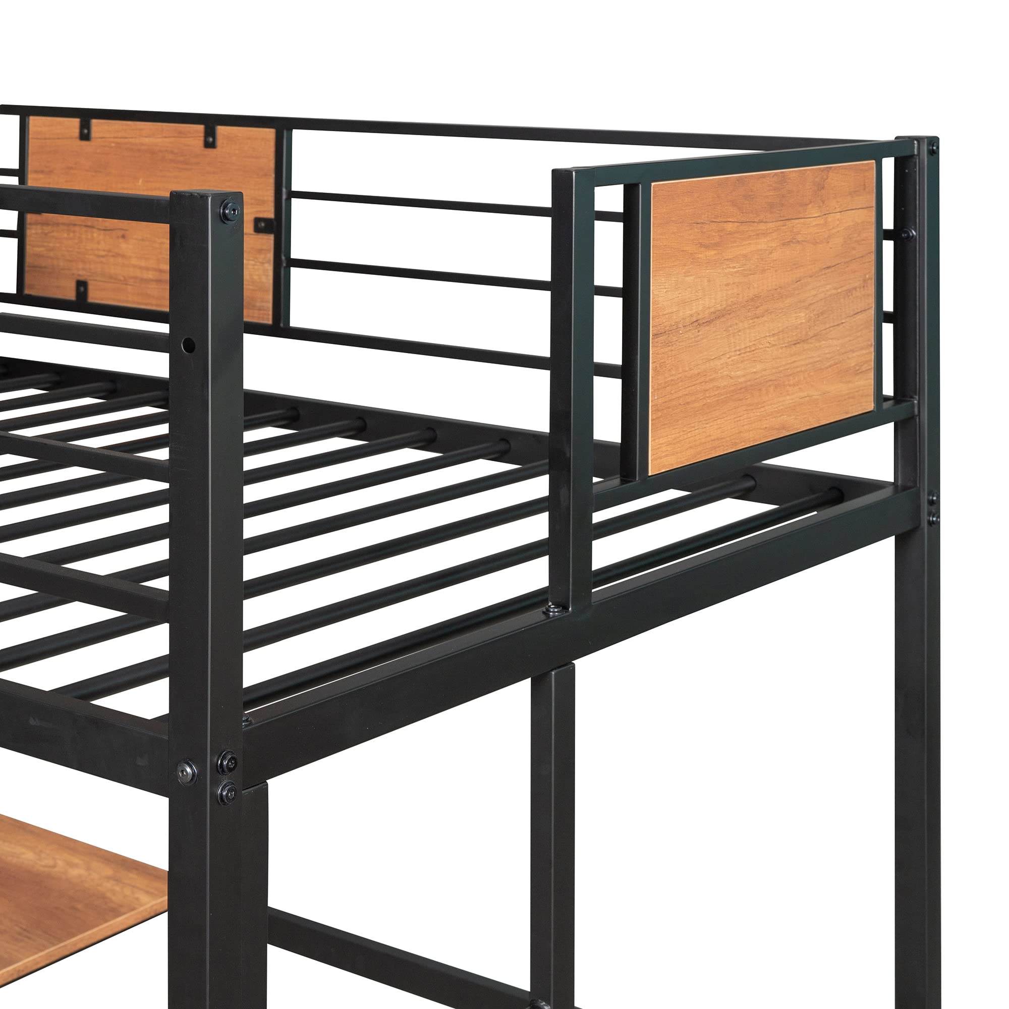 GINGVAT Twin Size Metal Loft Bed with L-Shaped Desk and Shelves,Metal Loft Bed Built-in Ladder and Guardrail,for Bedroom,Apartment,Dorm,Black