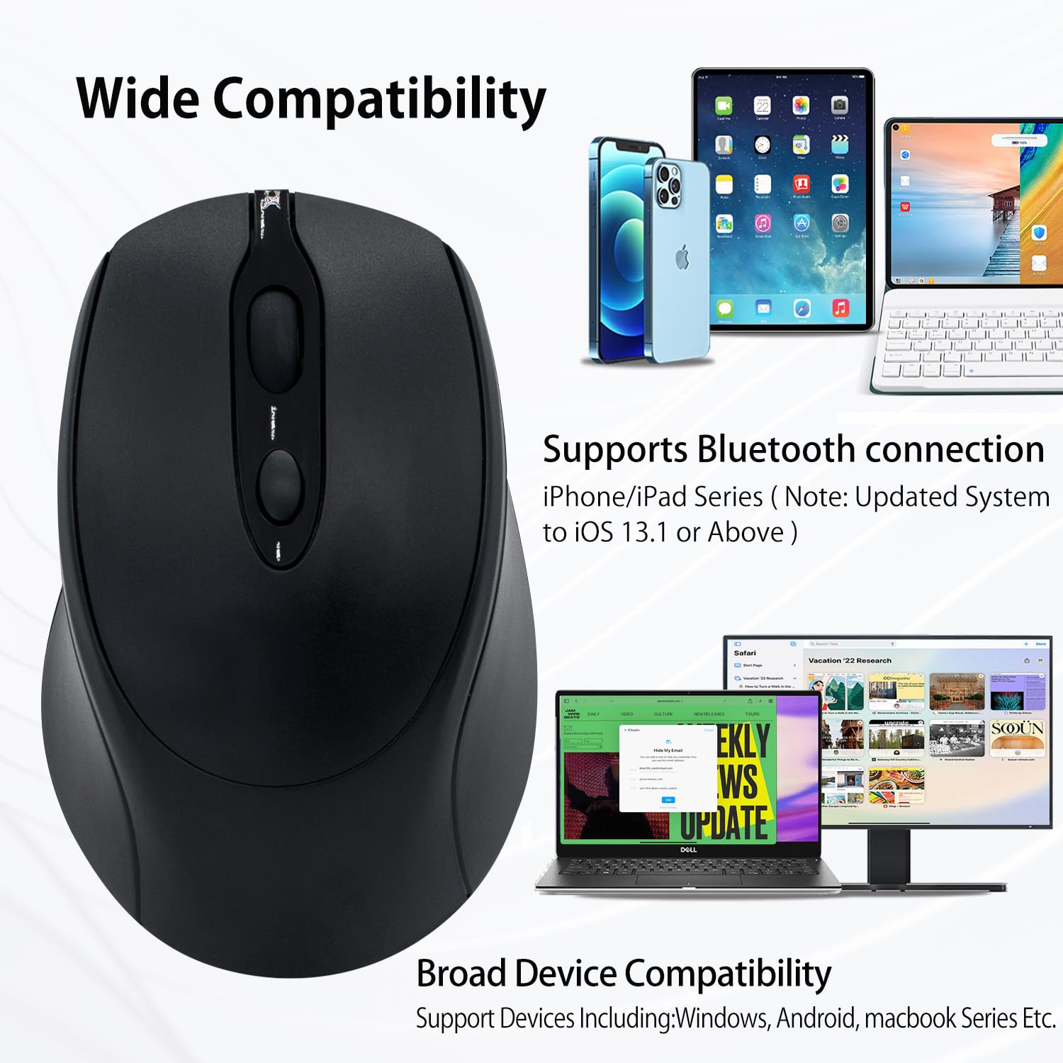 Wonzir Rechargeable Wireless Mouse,Bluetooth 5.2 & 2.4G Portable Optical Mouse with USB Receiver,3 Adjustable DPI for Laptop,MacBook,PC,Windows, iPad,Android OS System (Black)