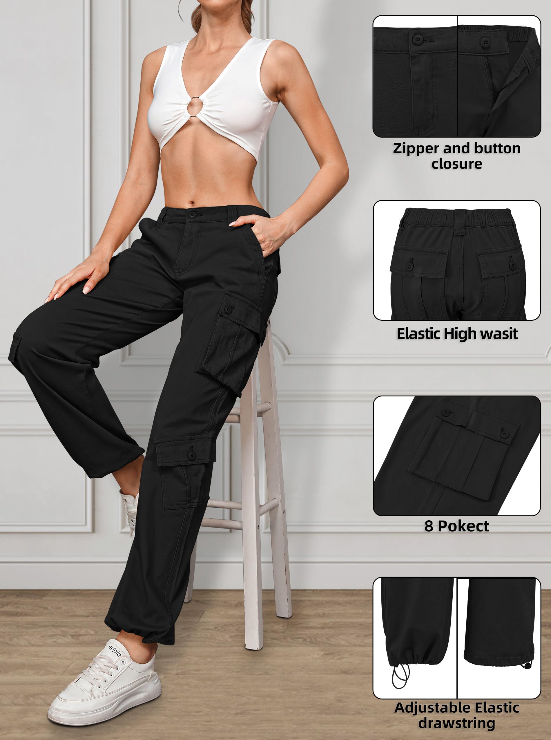 ZMPSIISA Women Pants High Waisted Cargo Pants Combat Military Wide Leg Casual Trousers 8 Pockets(Black,Small)