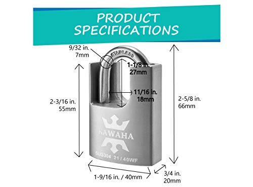 KAWAHA 21/40-4P High Security Stainless Steel Shrouded Padlock with Key for Both Indoor and Outdoor use (SUS304 Stainless Steel, Heavy Duty, Anti-Rust) (1-9/16 in. (40mm), Keyed Alike - 4 Pack)