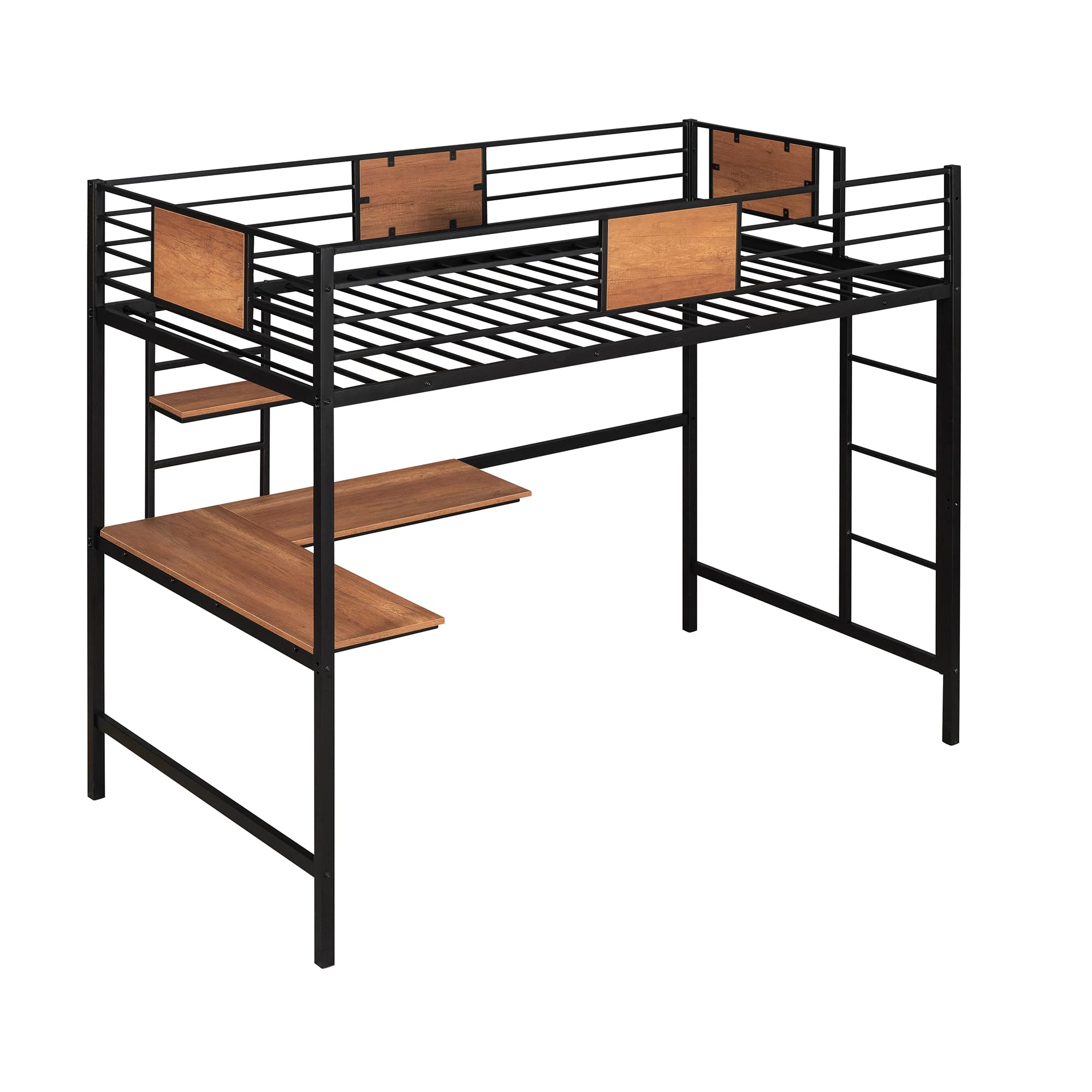 GINGVAT Twin Size Metal Loft Bed with L-Shaped Desk and Shelves,Metal Loft Bed Built-in Ladder and Guardrail,for Bedroom,Apartment,Dorm,Black