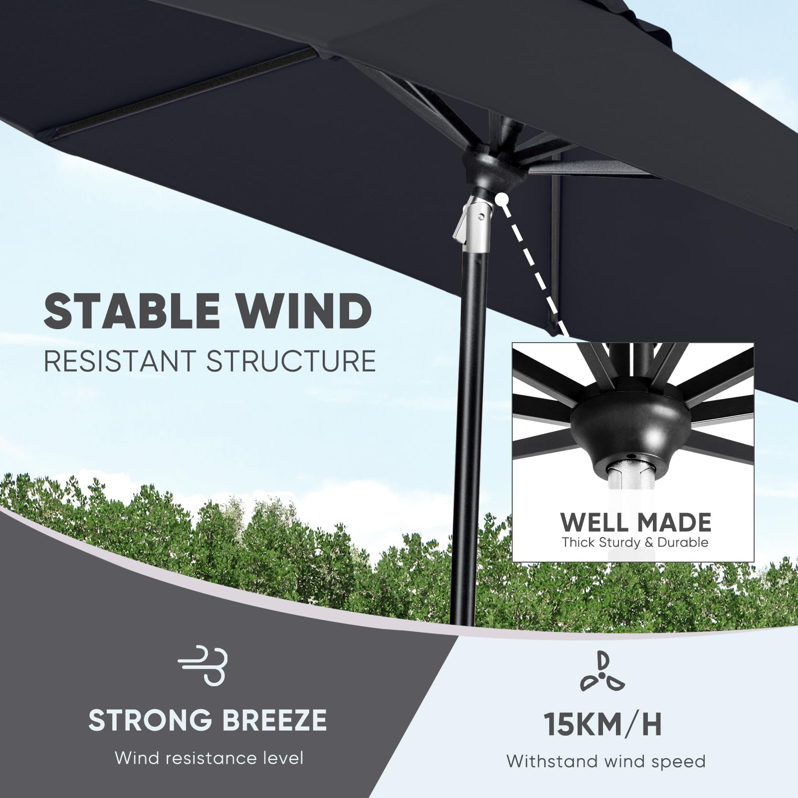 Tempera 9ft Patio Market Outdoor Table Umbrella with Auto Tilt and Crank,Large Sun Umbrella with Sturdy Pole&Fade resistant canopy,Easy to set, Space Grey