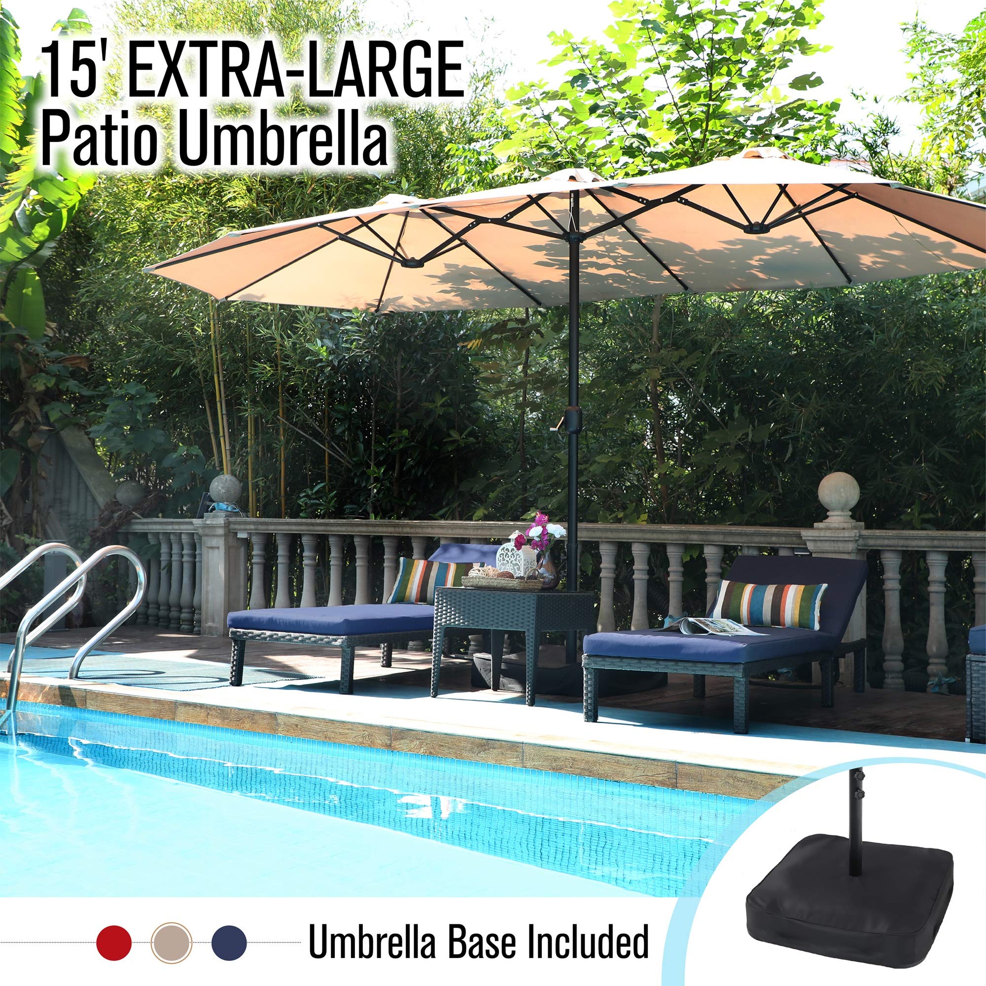 PHI VILLA 15ft Large Patio Umbrella with Base, Double-sided Outdoor Umbrella, Beige