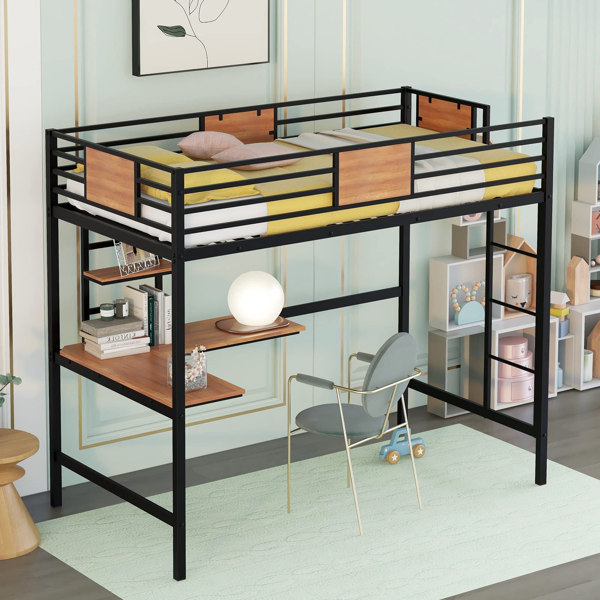 GINGVAT Twin Size Metal Loft Bed with L-Shaped Desk and Shelves,Metal Loft Bed Built-in Ladder and Guardrail,for Bedroom,Apartment,Dorm,Black