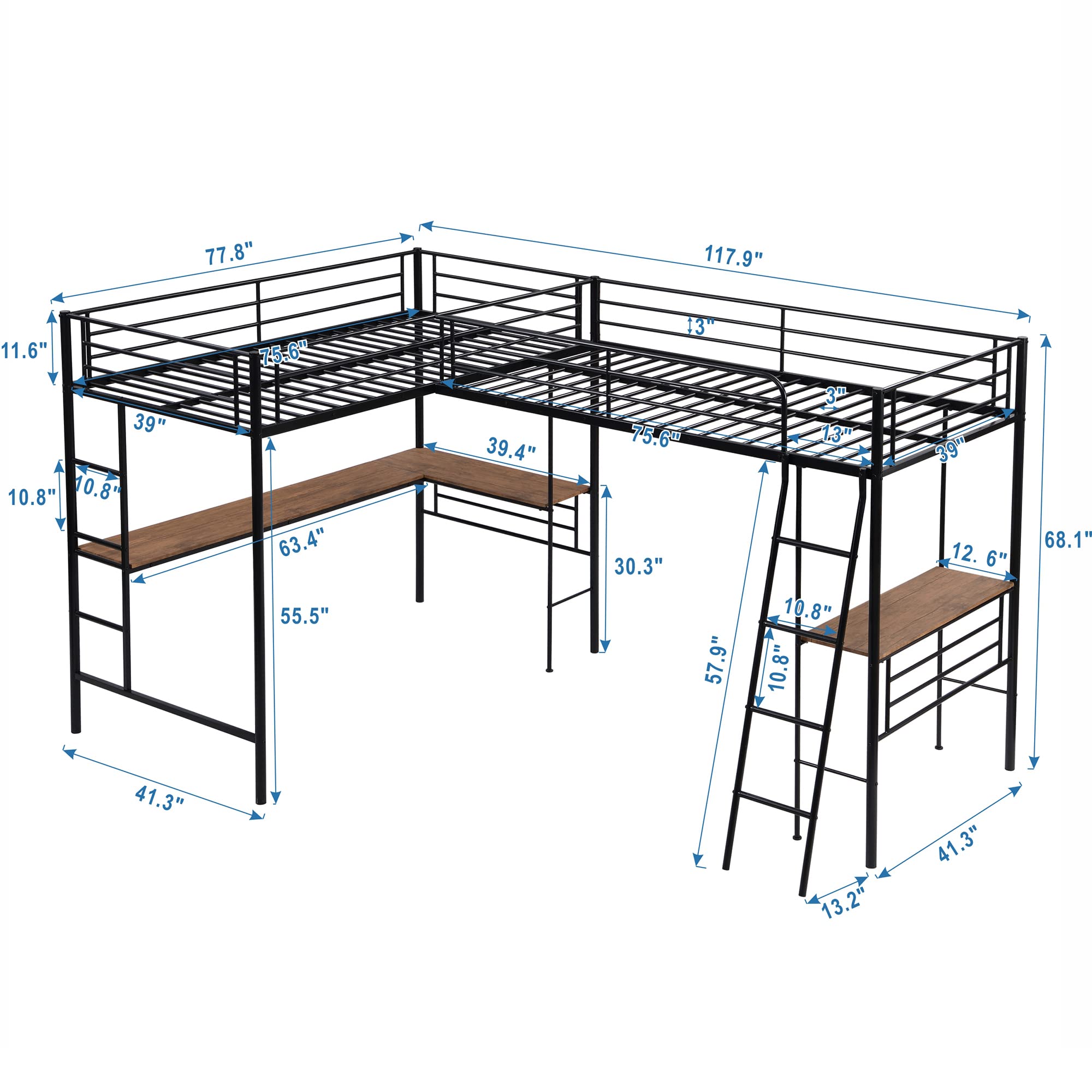 Quarte Simple Metal L-Shaped Loft Bed with Two Built-in Desks,Guardrails and Ladders,for Family Kids Teens,No Box Spring Needed
