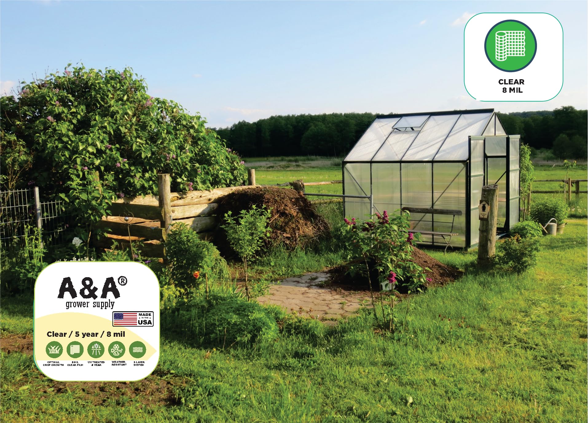 A&A Greenhouse Clear Plastic Film Polyethylene Covering Gt5 Year 8 Mil. - UV Protection - (12 ft. W x 25 ft. L)