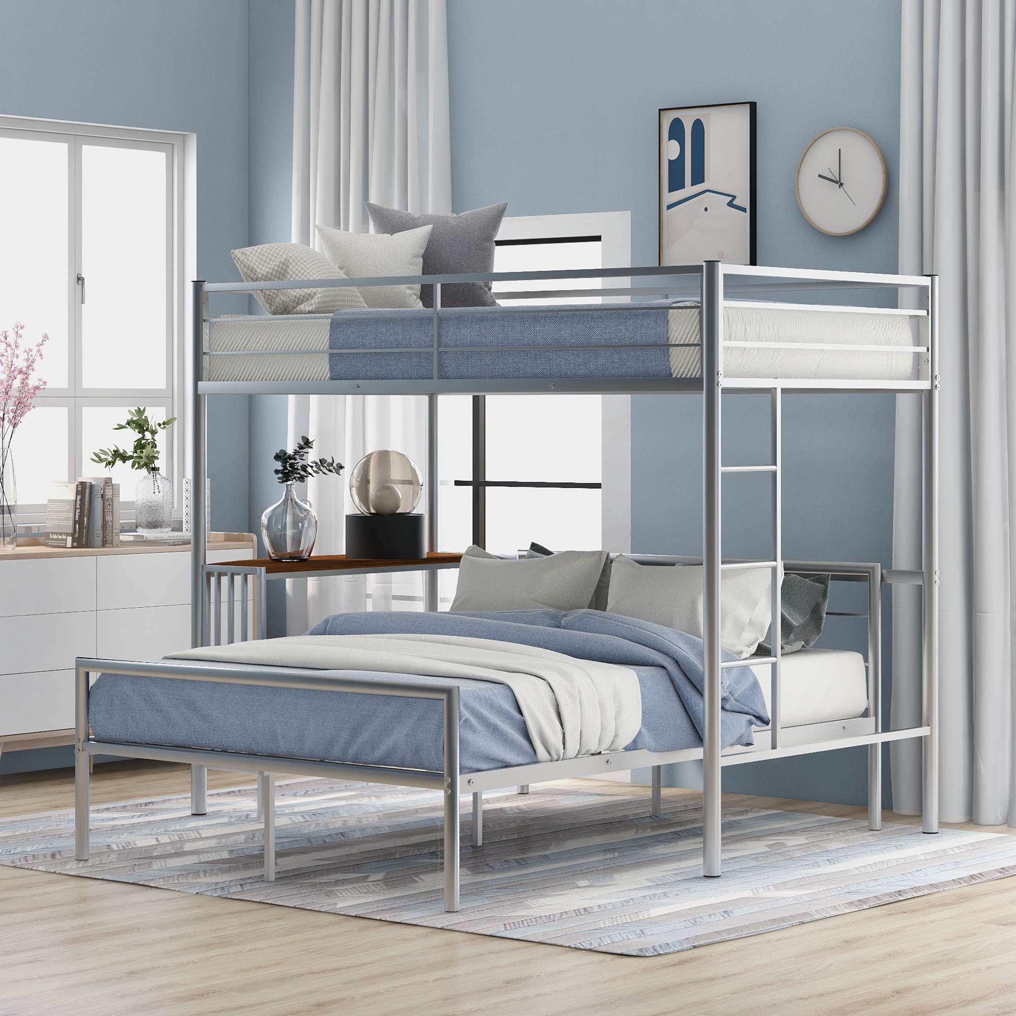 Harper & Bright Designs Twin Over Full Metal Bunk Bed with Desk, L Shaped Bunk Bed with Ladder and Quality Slats for Bedroom- Silver