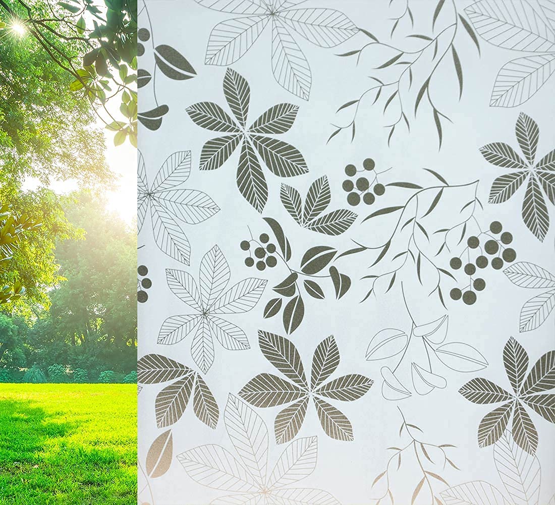 VSUDO 17.7" by 118.1" White Frosted Privacy Window Film, Removable White Background & Leaf Pattern Matte Window Film, Opaque Window Glass Covering, Static Cling Window Sticker for Home (14.53 Sq. Ft)