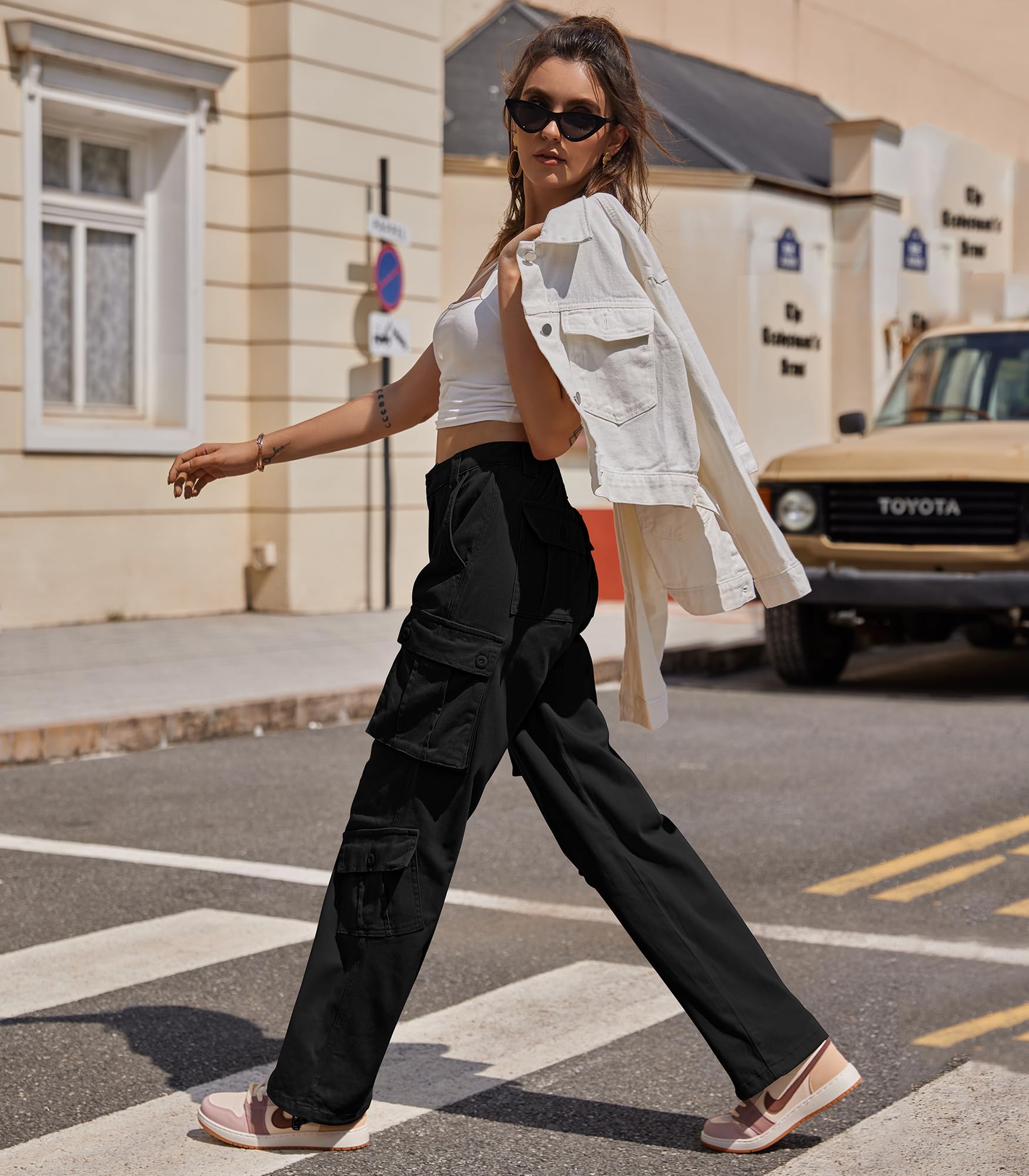 ZMPSIISA Women Pants High Waisted Cargo Pants Combat Military Wide Leg Casual Trousers 8 Pockets(Black,Small)