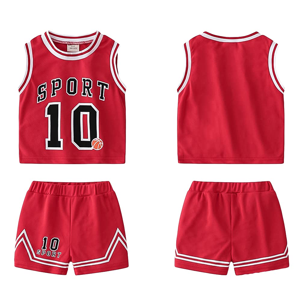 Volunboy Kids Sports Shorts Sets Boys Jerseys Tracksuit 2 Piece Basketball Performance Tank Top and Mesh Shorts Set (Red, 1-2T)