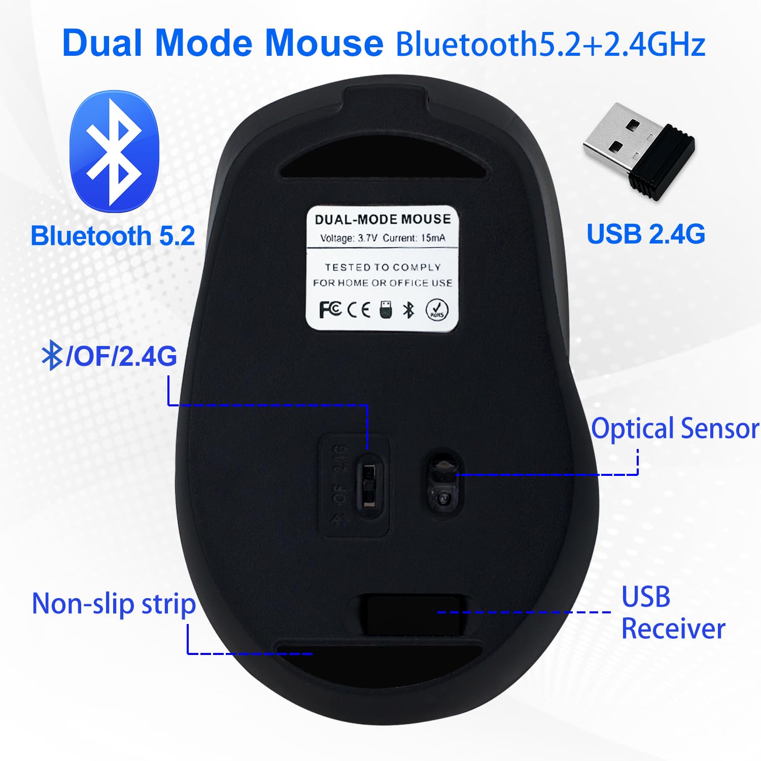 Wonzir Rechargeable Wireless Mouse,Bluetooth 5.2 & 2.4G Portable Optical Mouse with USB Receiver,3 Adjustable DPI for Laptop,MacBook,PC,Windows, iPad,Android OS System (Black)