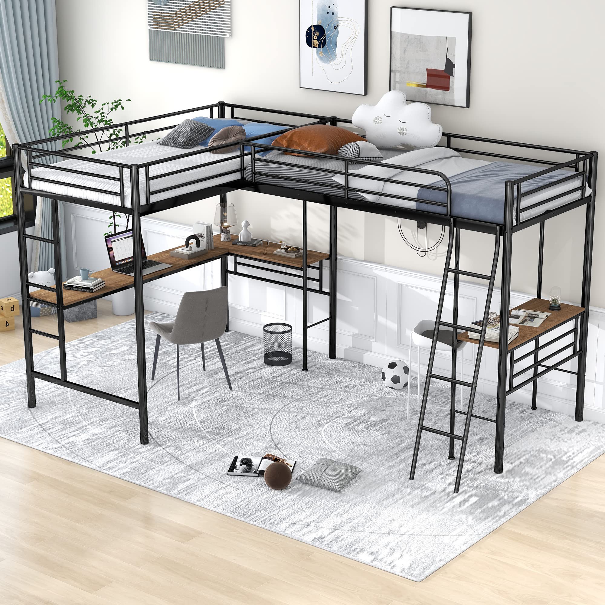 Quarte Simple Metal L-Shaped Loft Bed with Two Built-in Desks,Guardrails and Ladders,for Family Kids Teens,No Box Spring Needed