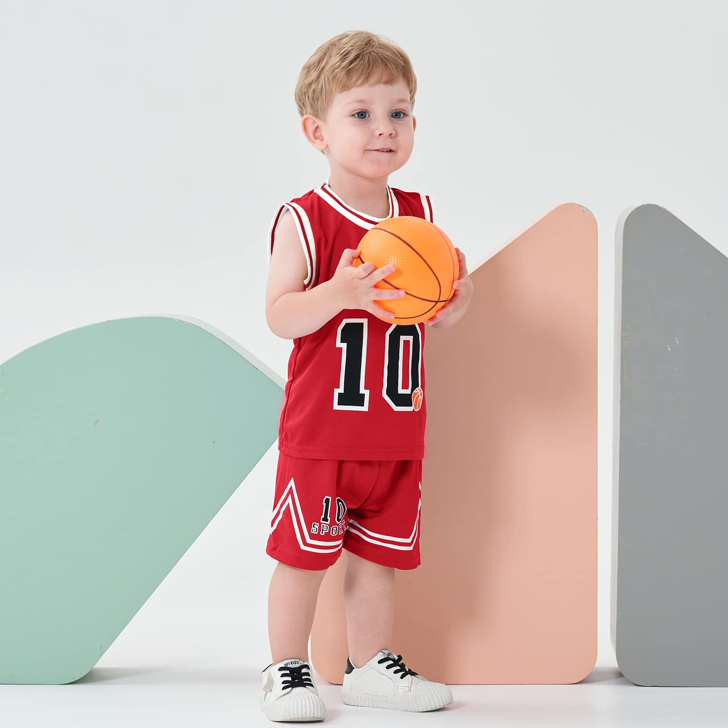 Volunboy Kids Sports Shorts Sets Boys Jerseys Tracksuit 2 Piece Basketball Performance Tank Top and Mesh Shorts Set (Red, 1-2T)