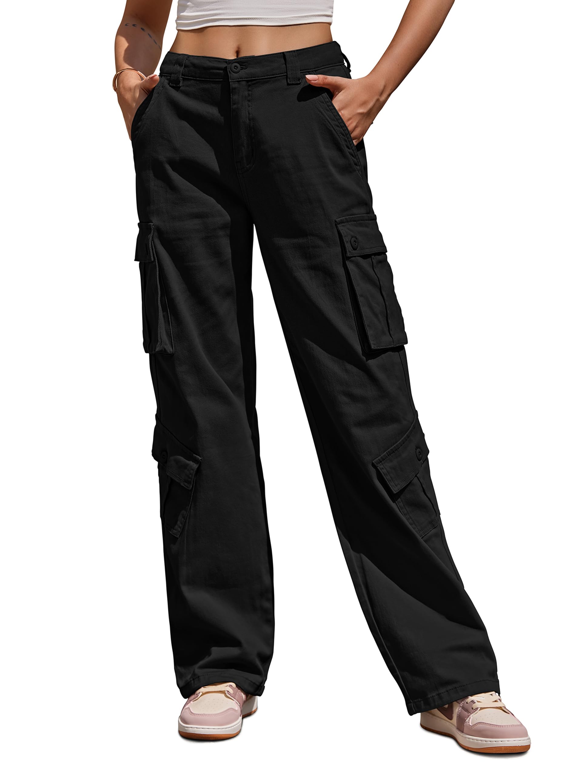 ZMPSIISA Women Pants High Waisted Cargo Pants Combat Military Wide Leg Casual Trousers 8 Pockets(Black,Small)
