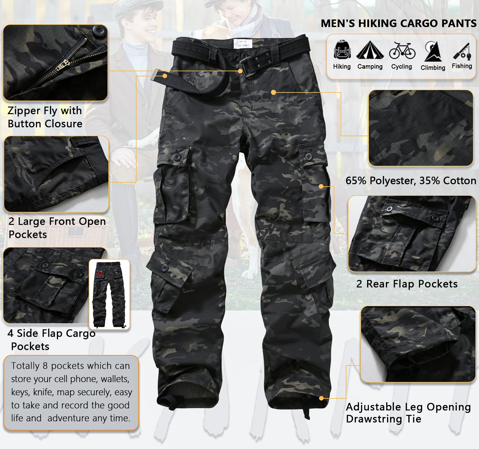 TRGPSG Men's Ripstop Wild Cargo Pants Multi-Pocket Military Army Camo Casual Work Combat Trousers 5335 Dark Camo 36