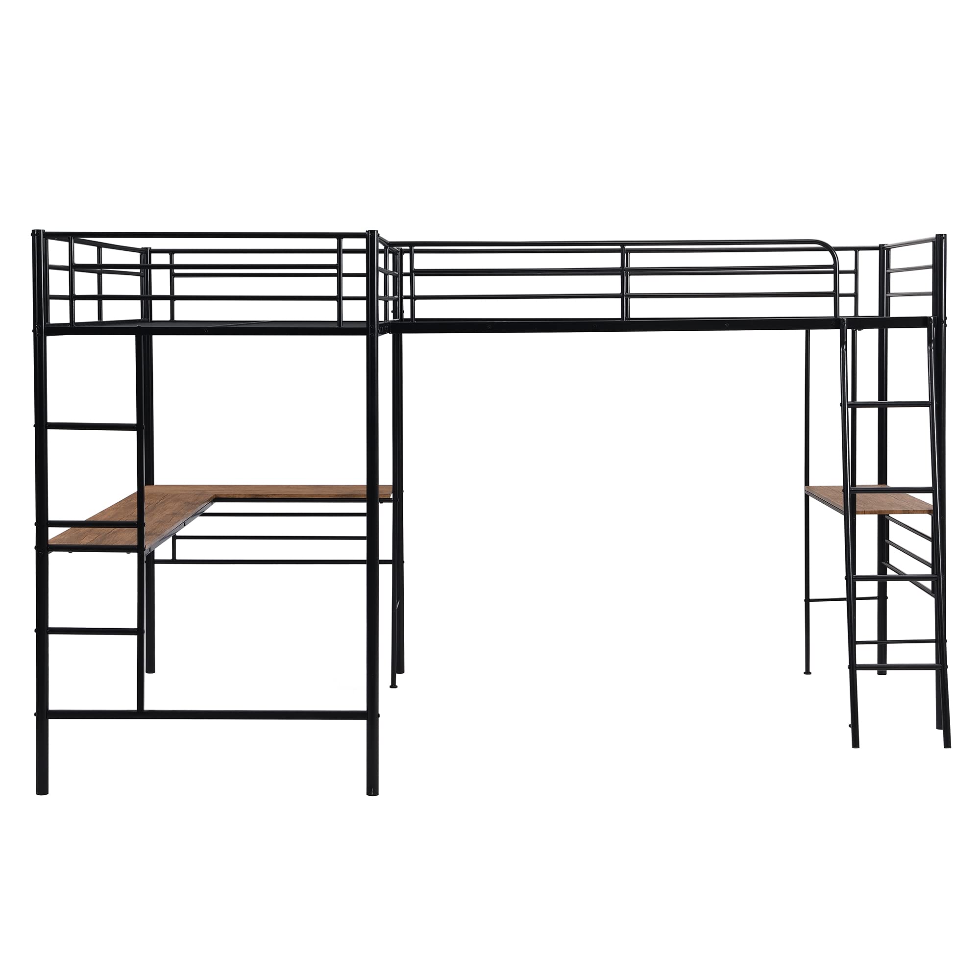 Quarte Simple Metal L-Shaped Loft Bed with Two Built-in Desks,Guardrails and Ladders,for Family Kids Teens,No Box Spring Needed