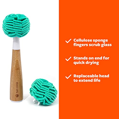 Full Circle Crystal Clear 2.0 Replaceable Glass Cleaner - Gentle Sponge Cleaning Brush for Washing Glasses โ Bamboo Handle and Layered Cellulose Sponge Kitchen Dish Brush, One Size, White