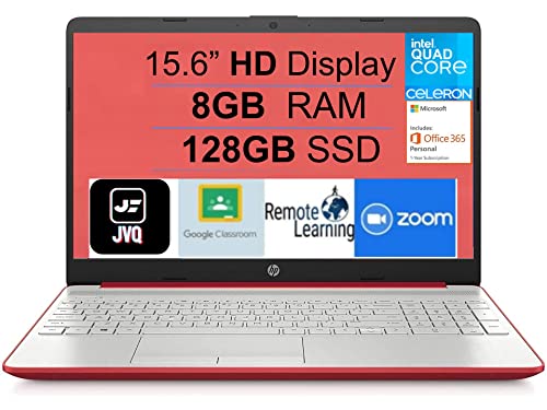 2022 Newest HP 15 15.6” HD Display Laptop Notebook, Intel Pentium Quad-Core N5000(Up to 2.7GHz), 8GB DDR4 RAM, 128GB SSD, 1-Year Office 365, HDMI, USB-C, WiFi, Webcam, Win10, Scarlet Red +JVQ MP
