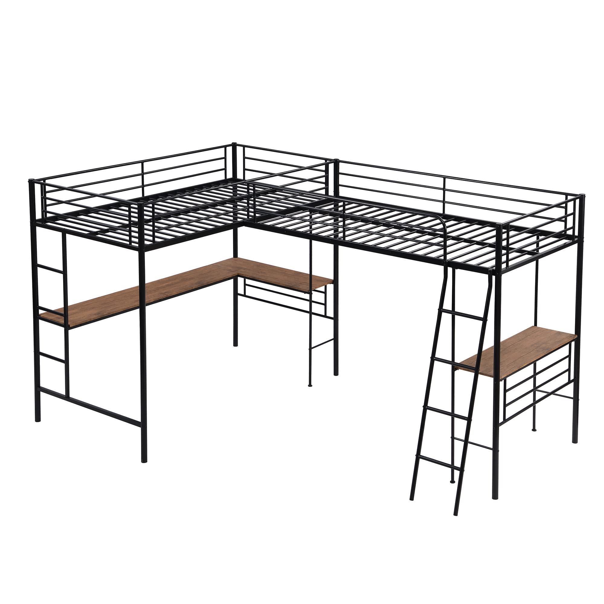 Quarte Simple Metal L-Shaped Loft Bed with Two Built-in Desks,Guardrails and Ladders,for Family Kids Teens,No Box Spring Needed
