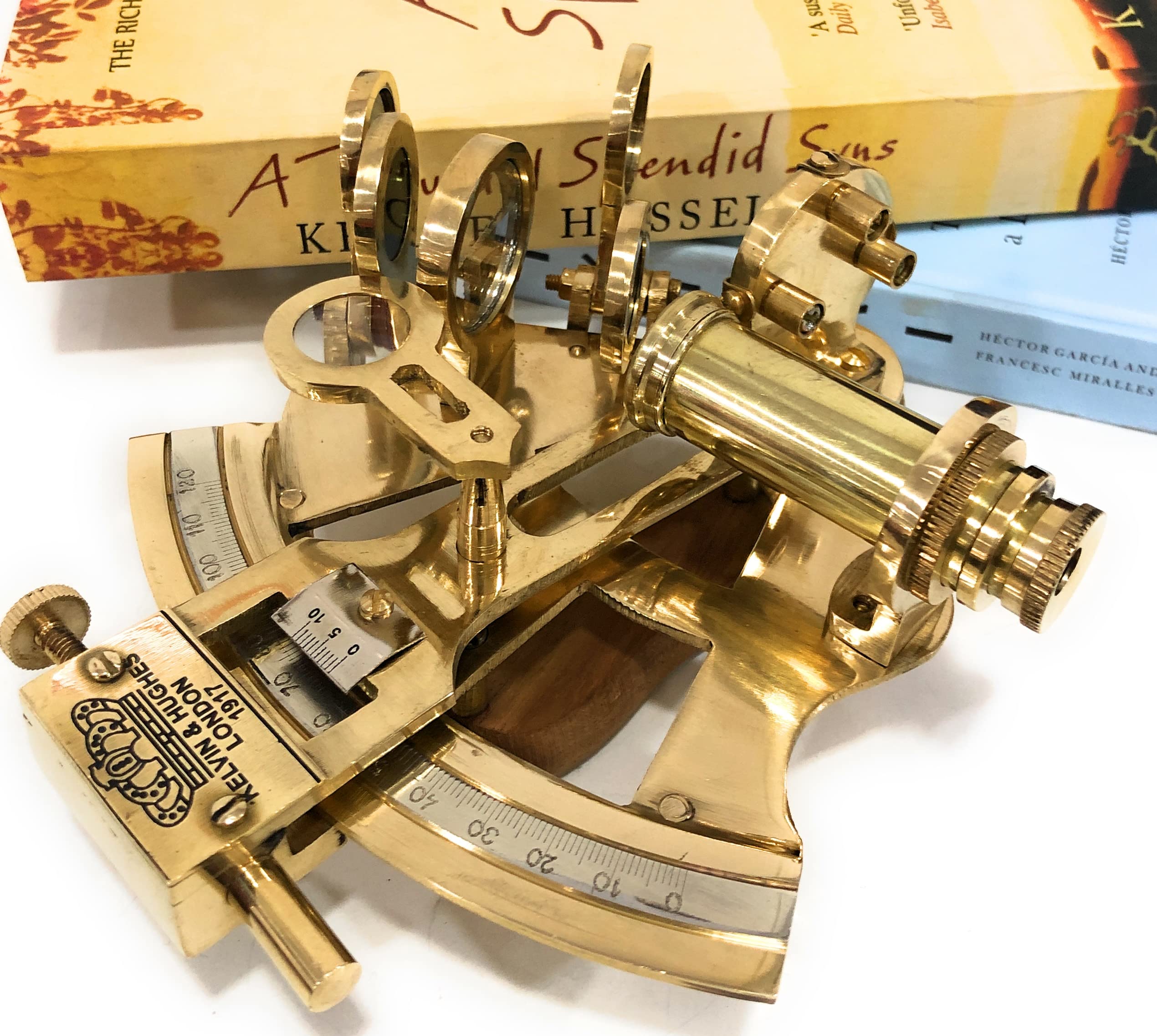 Maritime Kelvin & Hughes London Antique Brass Nautical Ship Sextant (with Triangular Wooden Box)