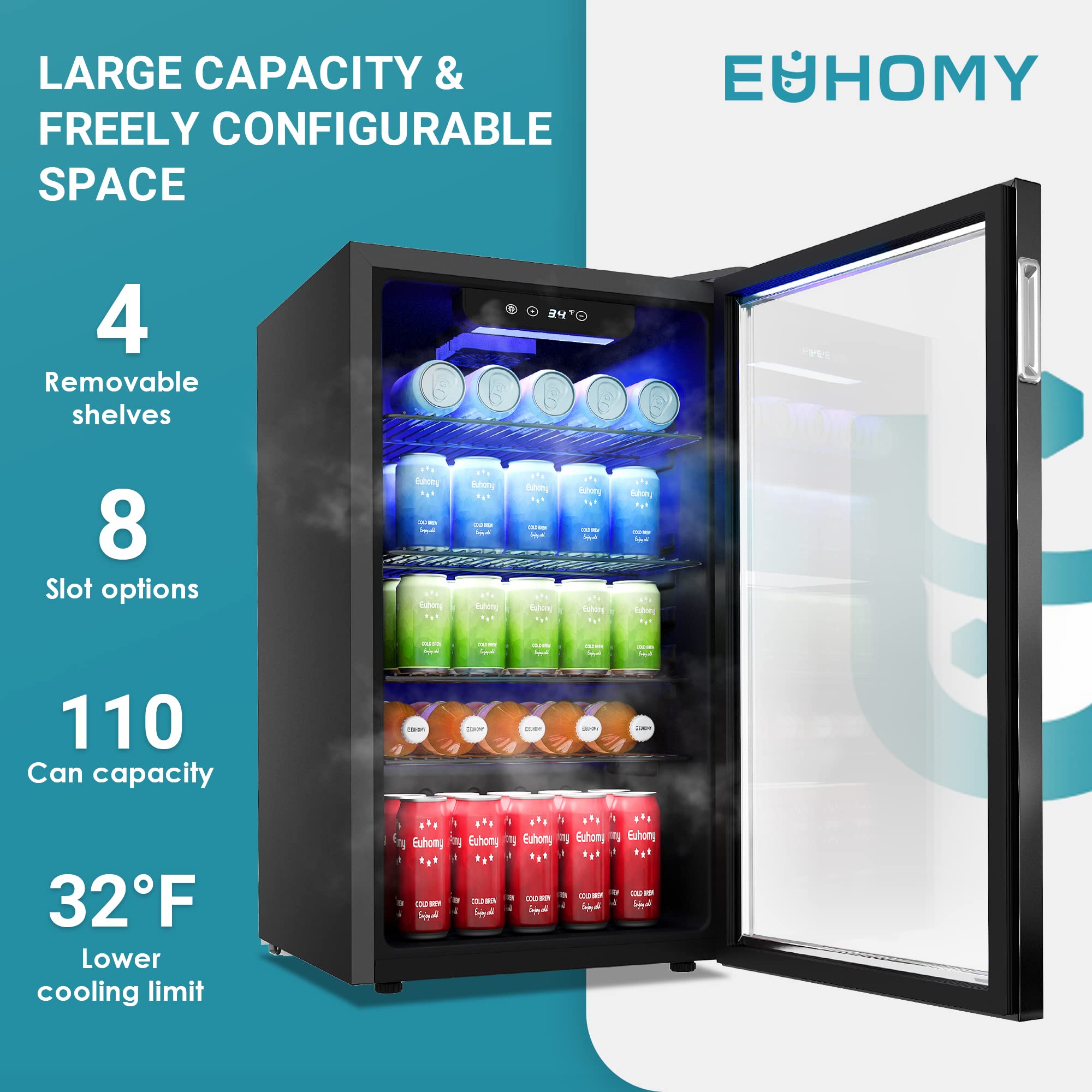 EUHOMY Beverage Refrigerator and Cooler, 126 Can Mini fridge with Glass Door, Small Refrigerator with Adjustable Shelves & Mind Reader 6 Compartment Upright Breakroom Coffee Condiment