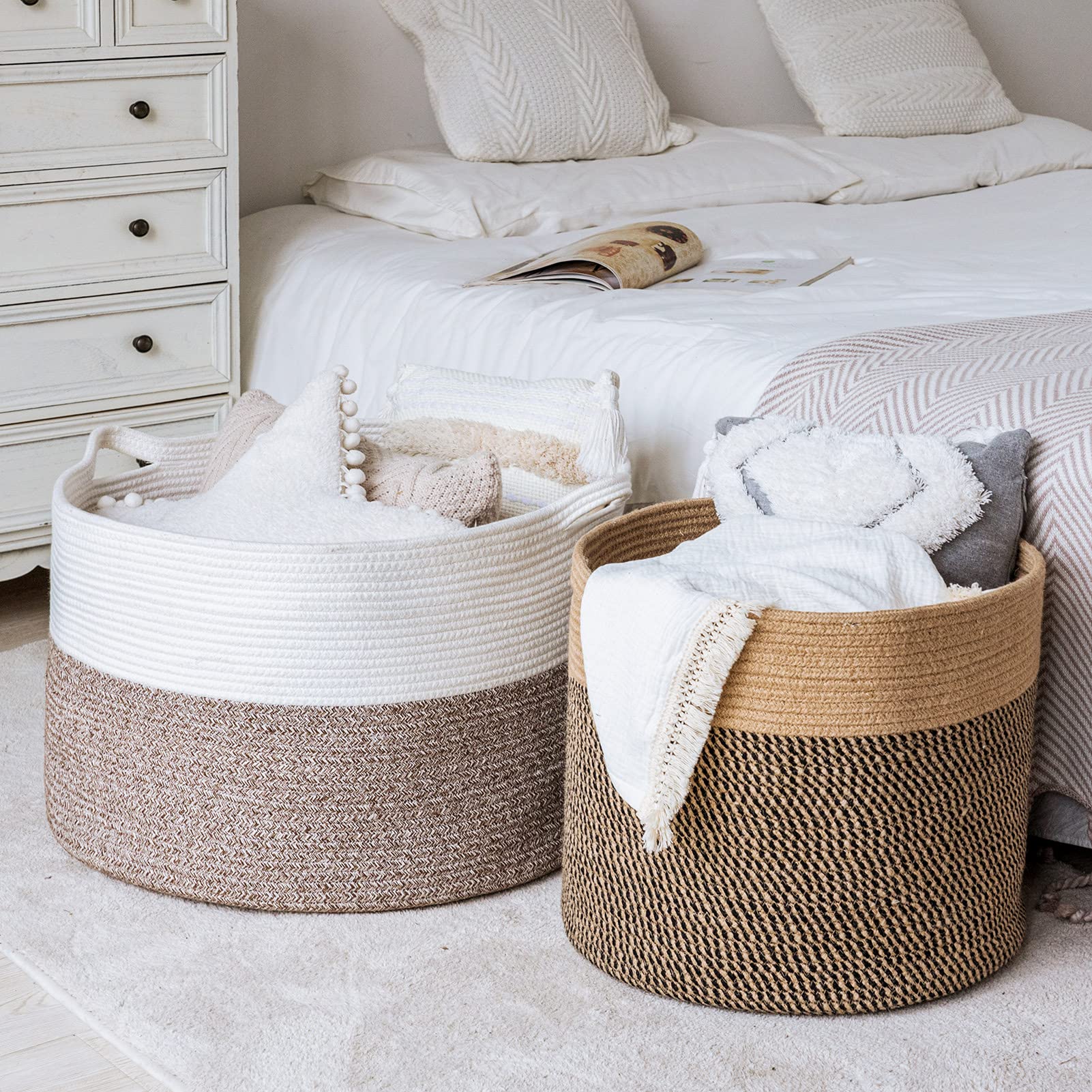INDRESSME Large Jute Rope Basket Blanket & XXXL Large Woven Baby Laundry Basket Toys Storage Bin (Set of 2)