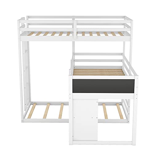 WOXYX L-Shaped Wood Triple Twin Size Bunk Bed with Storage Cabinet and Blackboard, Ladder,White