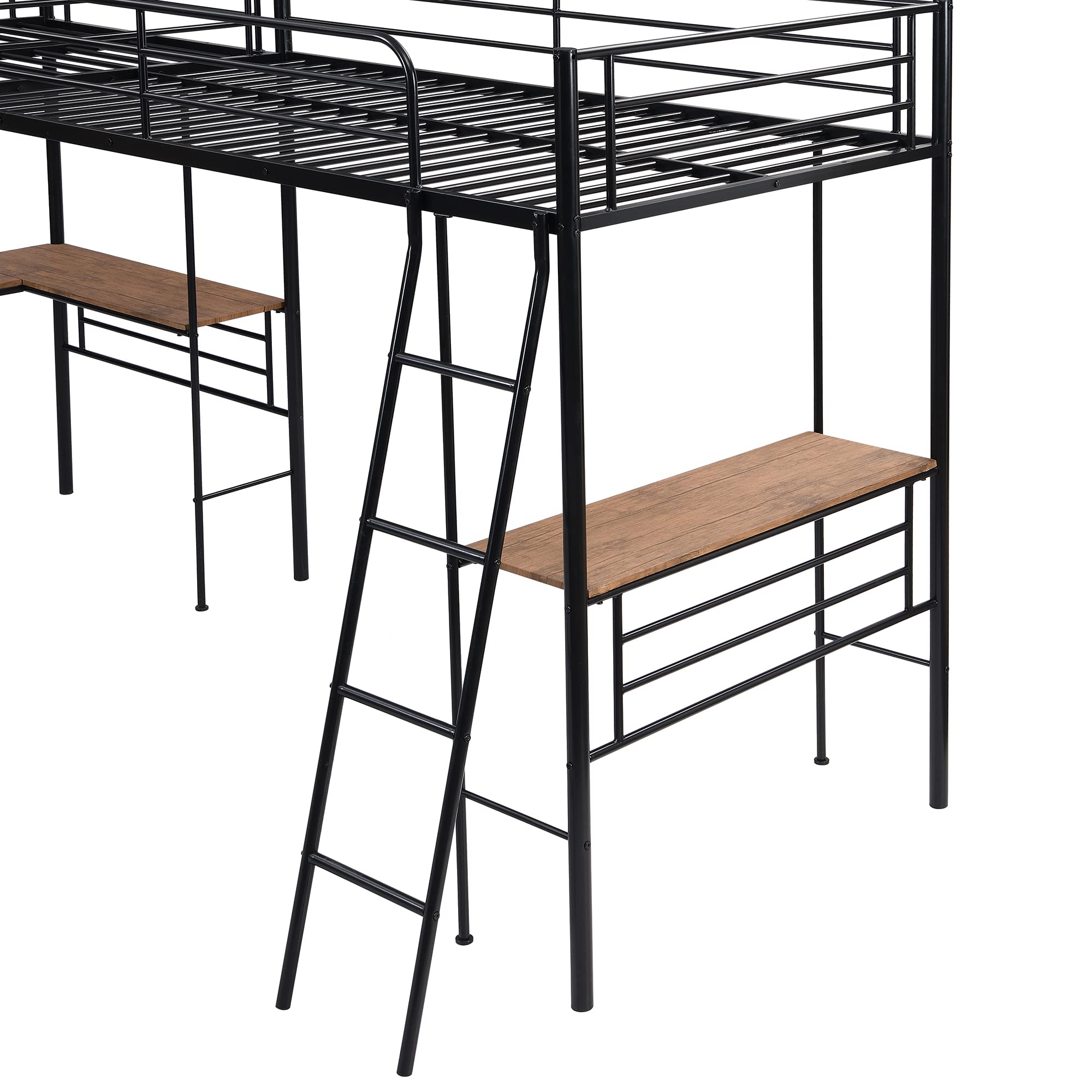 Quarte Simple Metal L-Shaped Loft Bed with Two Built-in Desks,Guardrails and Ladders,for Family Kids Teens,No Box Spring Needed