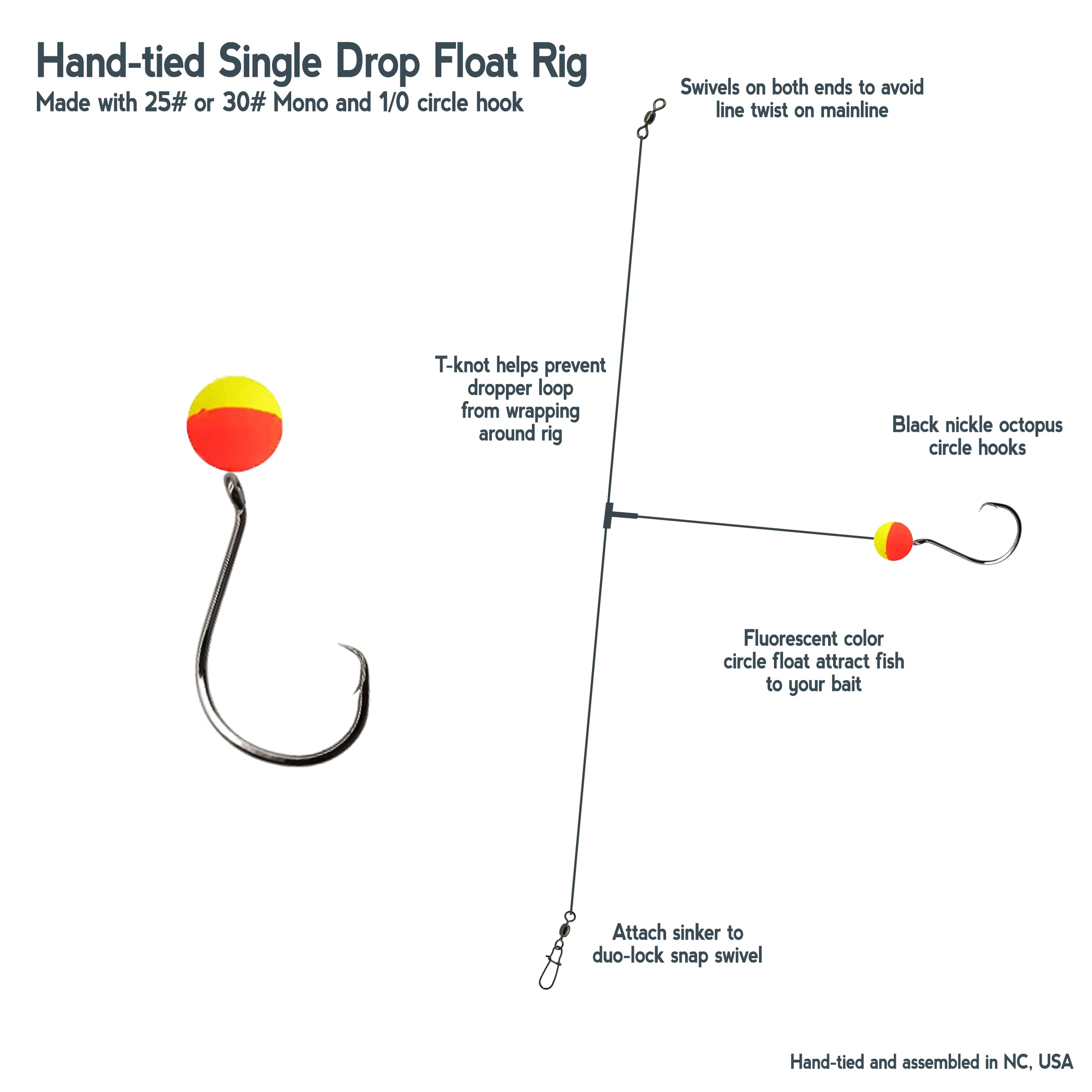 3 Pack Single Drop Pompano Whiting Surf Fishing Rigs Hand-Tied (30LB Mono, Red/Yellow)