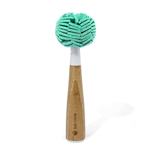 Full Circle Crystal Clear 2.0 Replaceable Glass Cleaner - Gentle Sponge Cleaning Brush for Washing Glasses – Bamboo Handle and Layered Cellulose Sponge Kitchen Dish Brush, One Size, White